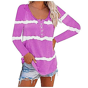 ESKNAS Womens Pullover Tops Autumn Tie-Dye Stripe Print Long Sleeve T-Shirts Button Scoop Neck-Henley Shirts (Purple,L)