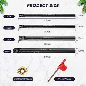 14 Pieces Lathe Boring Bar Set 4 Pieces 95 Degree S07K/ S08K/ S10K/ S12M-SCLCR06 Lathe Boring Internal Turning Bar Holder with 10 Pieces CCMT0602 Carbide Inserts and 4 Pieces Wrench