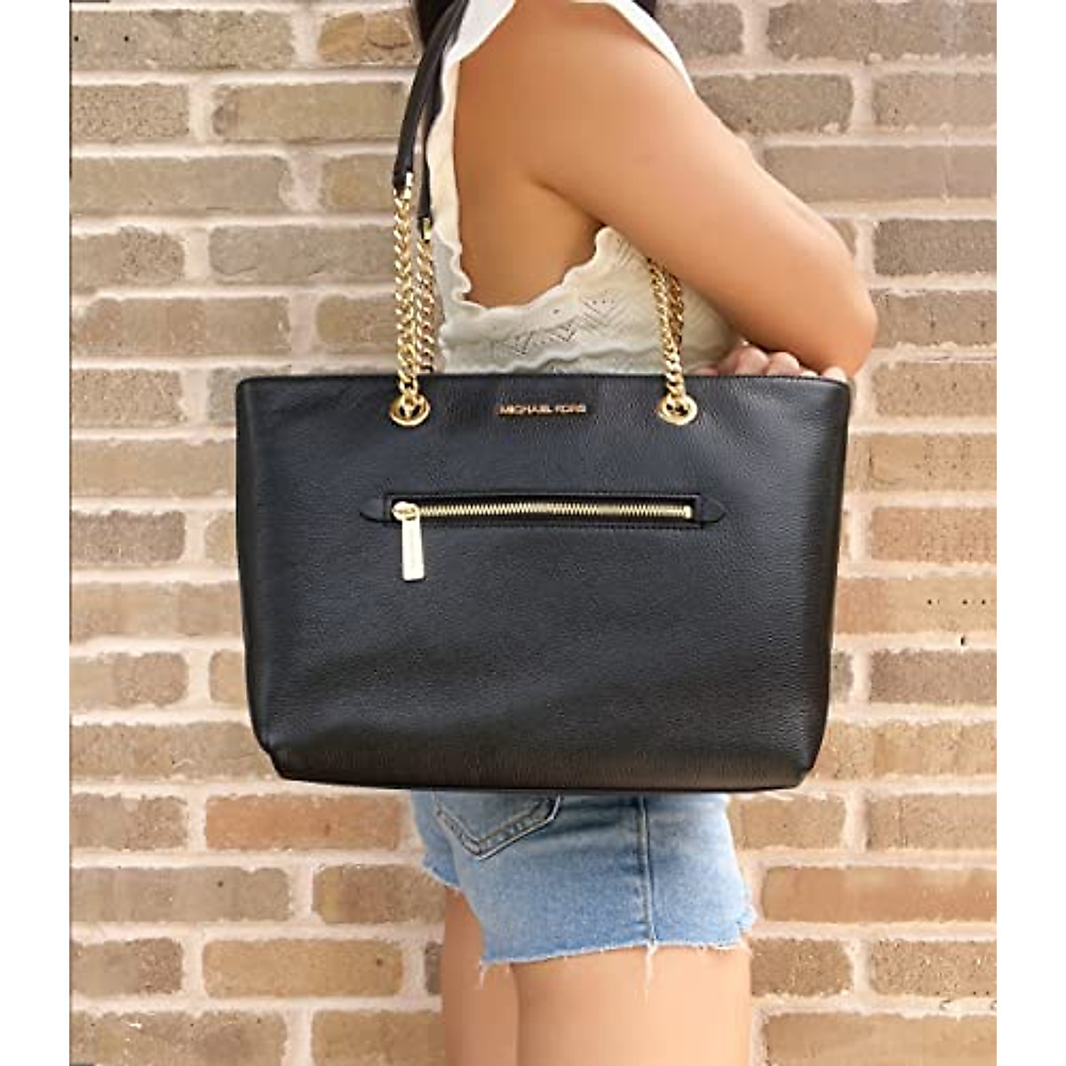 Michael Kors Jet Set Medium Front Pocket Chain Top Zip Tote Black Pebbled Leather