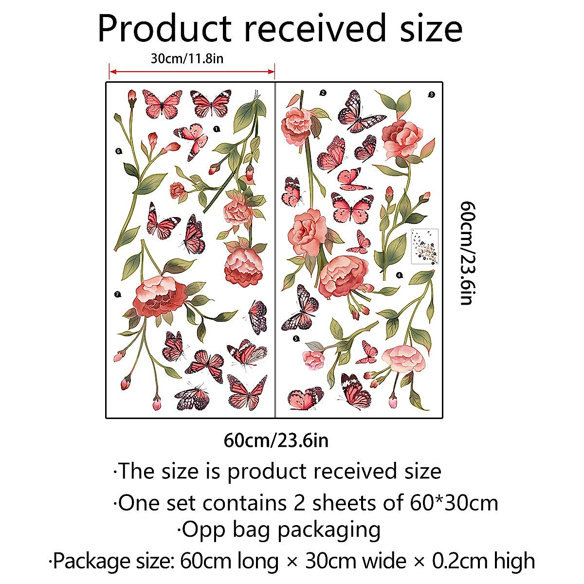 Cute Peony Flower Wall Decals Pink Rose Floral Wall Decals Butterfly Wall Stickers Removable Peel and Stick for Kids Room Bedroom Living Room Garden Backyard Wall Decoration