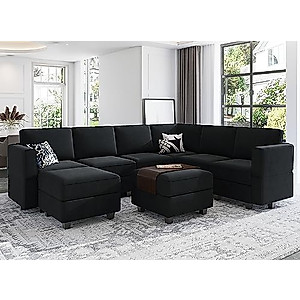 Belffin Modular Sectional Sofa with Storage Seat Oversized U Shaped Couch with Reversible Chaise Sofa Set with Ottoman Velvet Black