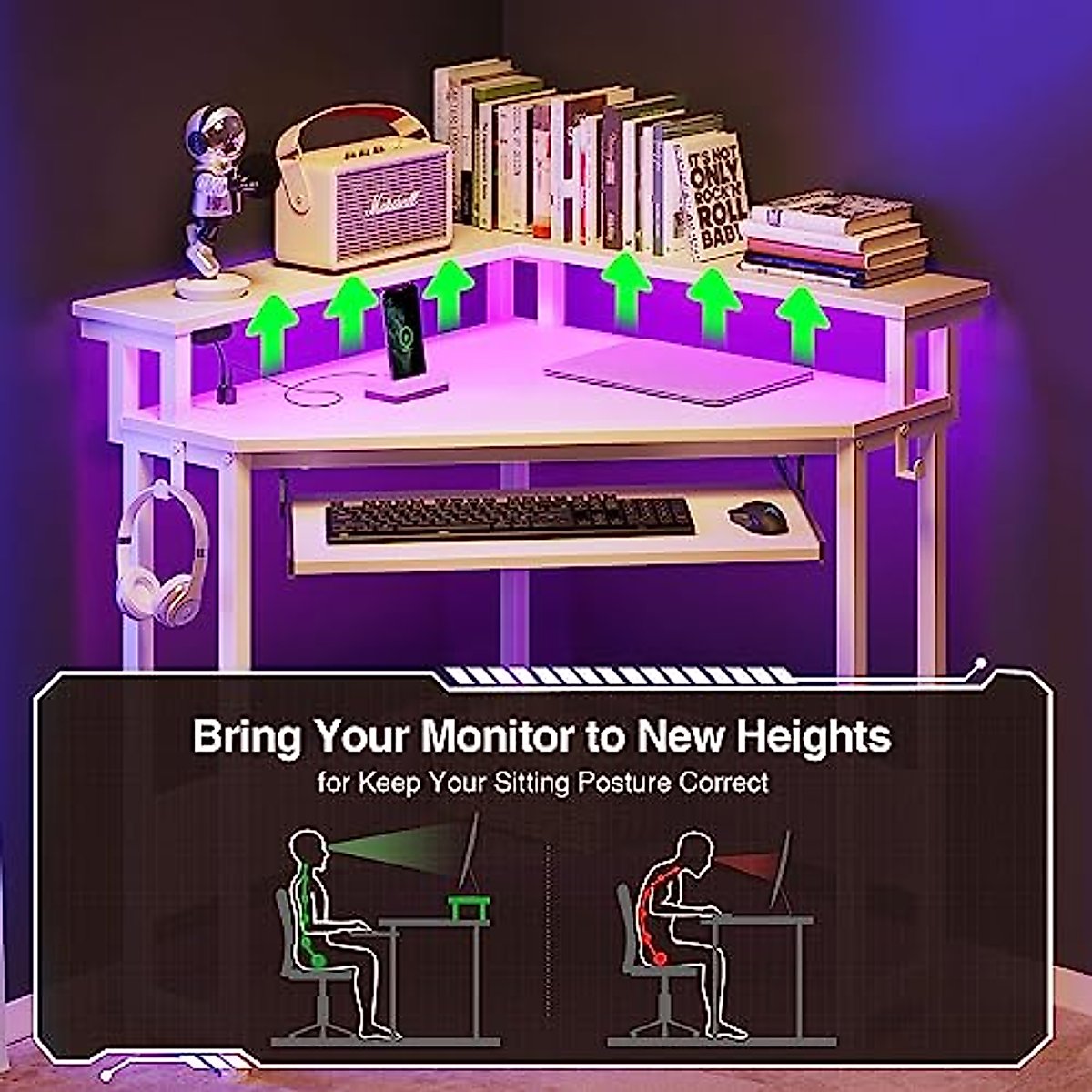 Rolanstar Corner Desk, 44.5"W x 34.5"H Small Computer Desk with Power Outlets & LED Lights, Triangle corner computer desk with Keyboard Tray & Monitor Stand for Small Space, Small Office Desk, White
