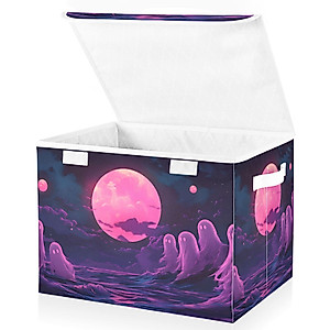 YMGQYJ Storage Cube Halloween Comic Print with Lid, Collapsible Large Capacity Foldable Storage Basket Bin Organizer 16.5×12.6×11.8 inches