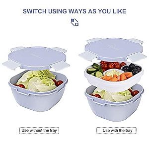 Upgraded Salad Bowl with Lid Leak-proof 57.5oz Stackable Salad Lunch Box with Larger Capacity Salad Mixing Bowl and 3-Compartment Bento-Style Topping Tray, Sauce Box,Cutlery, BPA FREE(powder blue)