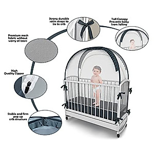 Mumzei Baby Crib Tent to Keep Baby from Climbing Out - Pop Up Safety Crib Net to Keep Baby in - Crib Mosquito Net – See Through Premium Mesh Cover - Grey