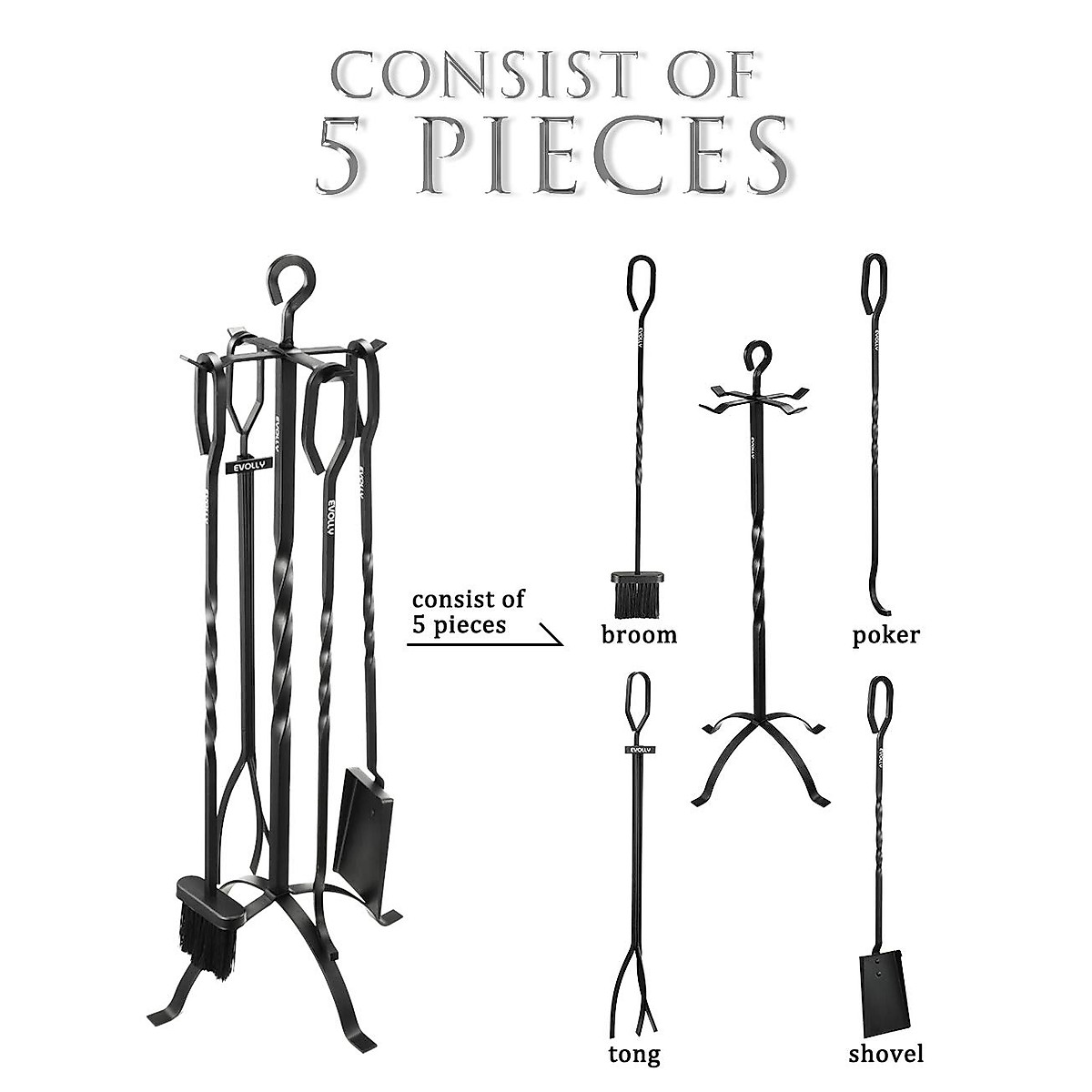 EVOLLY 5 Pieces Fireplace Tools Set 32Inch Heavy Duty Wrought Iron Fire Place Tool Set Fireplace Toolset for Fireplaces, Fire Pits, Hearth Accessories Including Tongs, Shovel, Stand, Poker & Broom