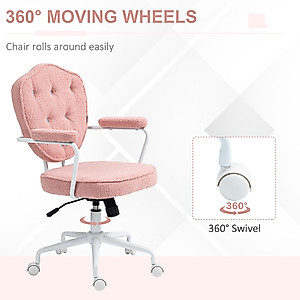 HOMCOM Cute Home Office Chair, Computer Desk Chair with Button Tufted, Teddy Bear Fleece Swivel Vanity Chair, Pink