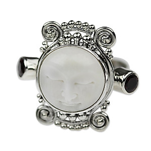 NOVICA Artisan Handmade Garnet Cocktail Ring Carved Bone Silver Sterling Red Indonesia Sun Moon Birthstone [crownbezel 0.9 in L x 0.9 in W x 0.3 in H Band Width 3 mm W] ' Moon Dream'