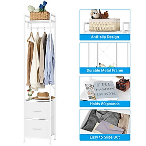 smusei Clothes Rack with Drawers Heavy Duty Garment Rack with Fabric Drawers and Storage Shelves Freestanding Clothing Rack for Bedroom Entryway Living room White