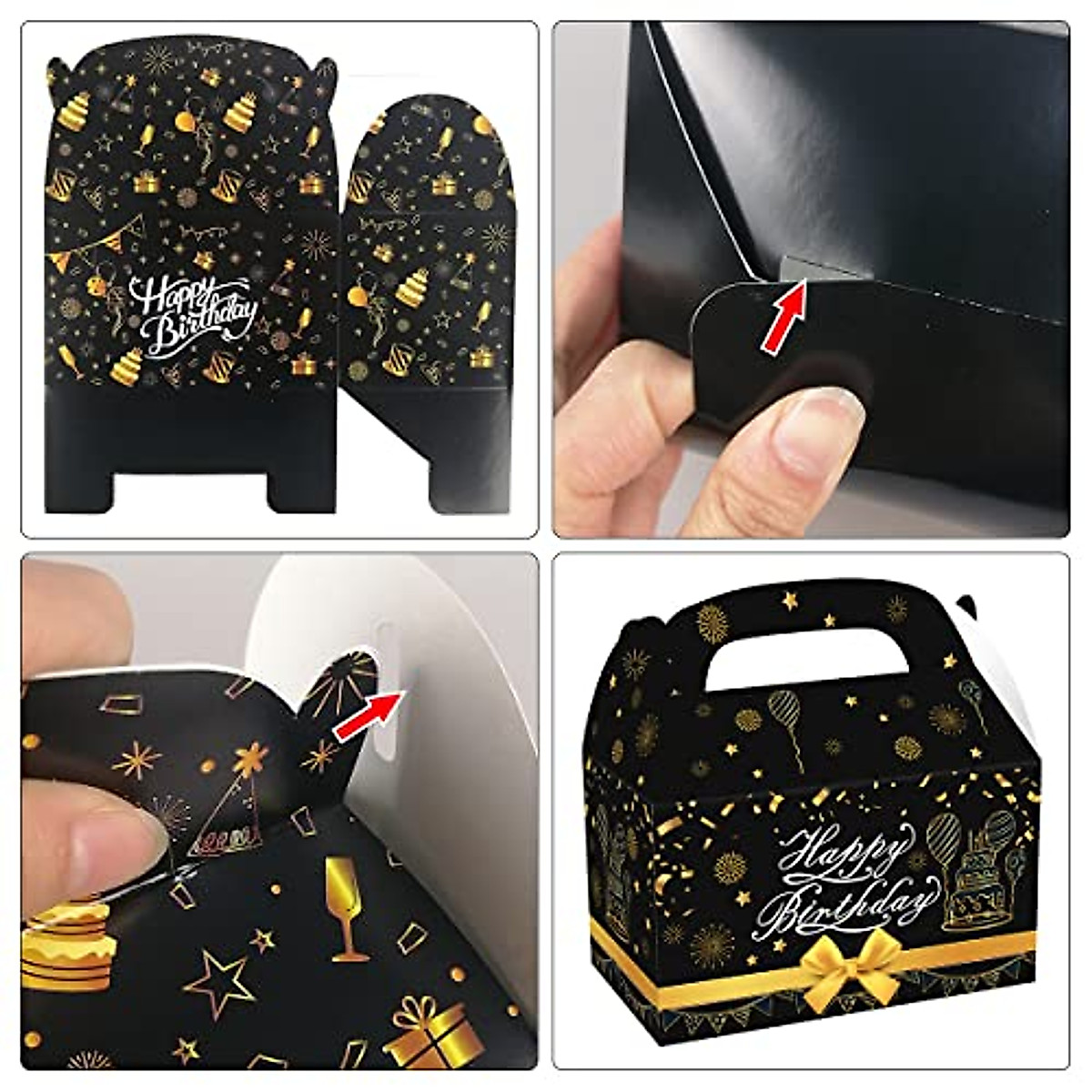 CIEOVO 24 Pack Black Gold Birthday Cardboard Treat Box Happy Birthday Black Gold Party Favor Boxes Party Goody Bags Treat Boxes for Men and Woman Birthday Supplies