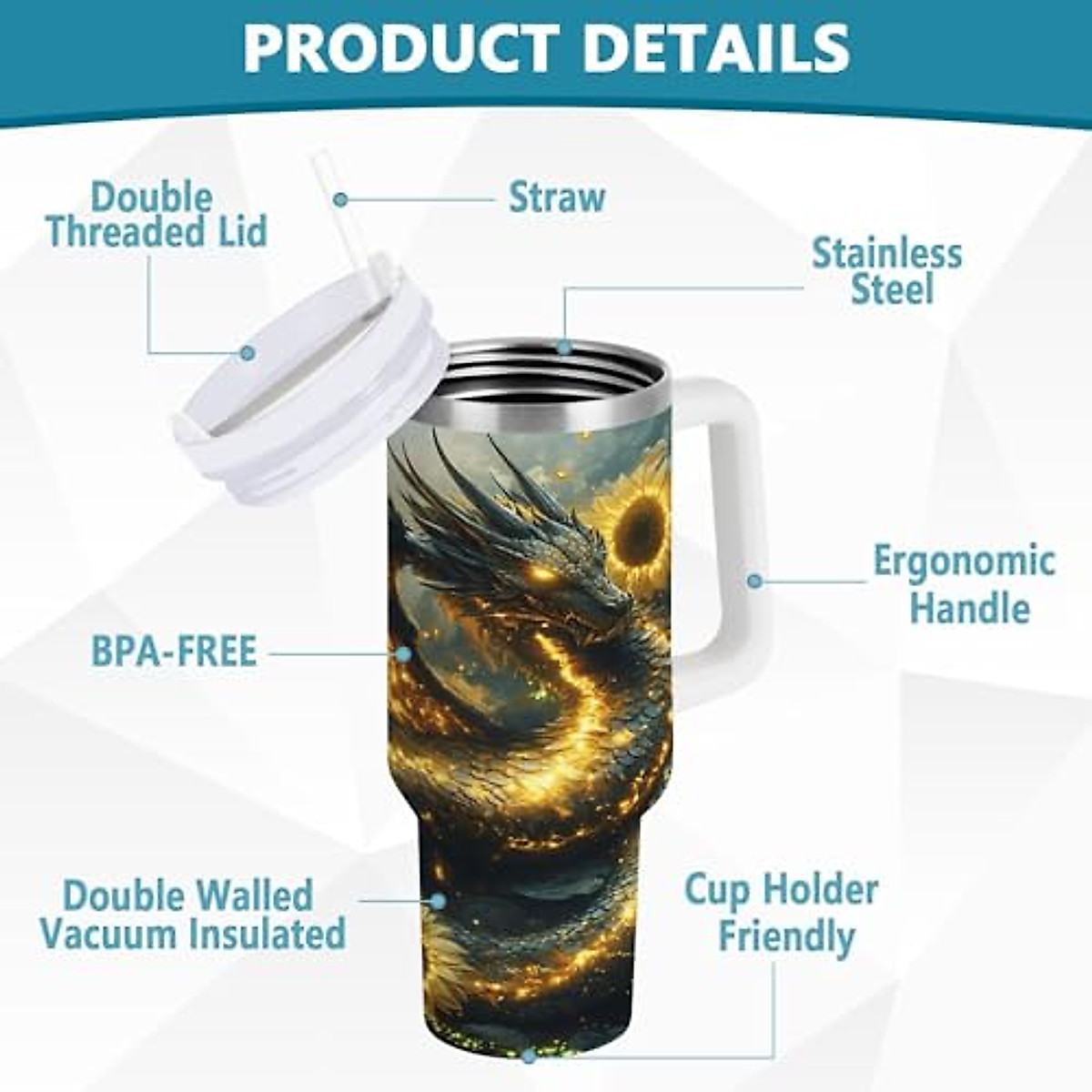 Slewiaeky Tumbler with Handle 40 oz Multicolor Dragon Wild Travel Mug with Lid and Straw Sunflower Stainless Steel Vacuum Insulated Water Bottle Cup for Iced Tea Coffee Cold Beverages Cup Holder Frie