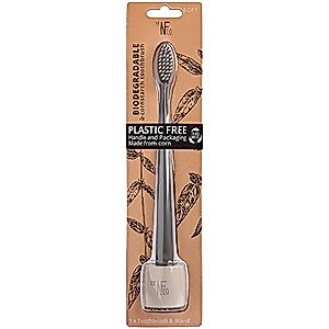 The Natural Family Co. Bio Toothbrush and Stand, Soft Nylon Bristles with Non GMO Cornstarch Handles, Plastic Free Packaging and Monsoon Mist