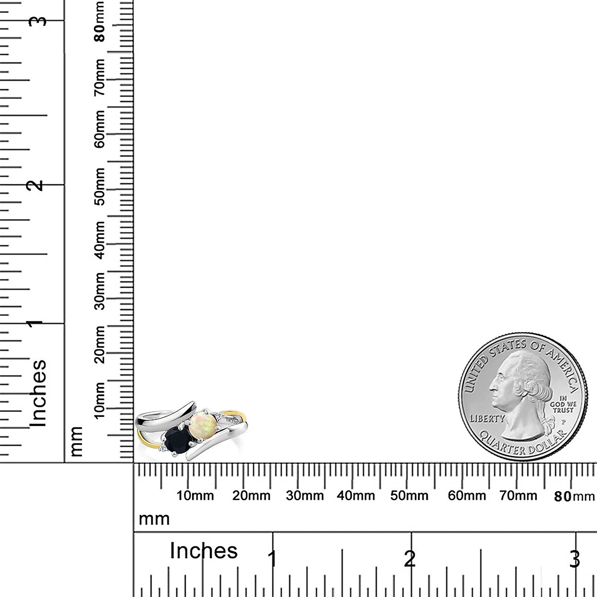 Gem Stone King 925 Silver and 10K Yellow Gold Round Cabochon White Ethiopian Opal Black Onyx and White Lab Grown Diamond 2 Stone Crossover Ring For Women (0.80 Cttw, Available In Size 5, 6, 7, 8, 9)