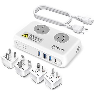 European Travel Plug Adapter Adapter, E-POLAR 220V to 110V Converter 200W, Universal in Worldwide for Curling Iron with 3-Port USB and 1 Type C[Pure Sine Wave]