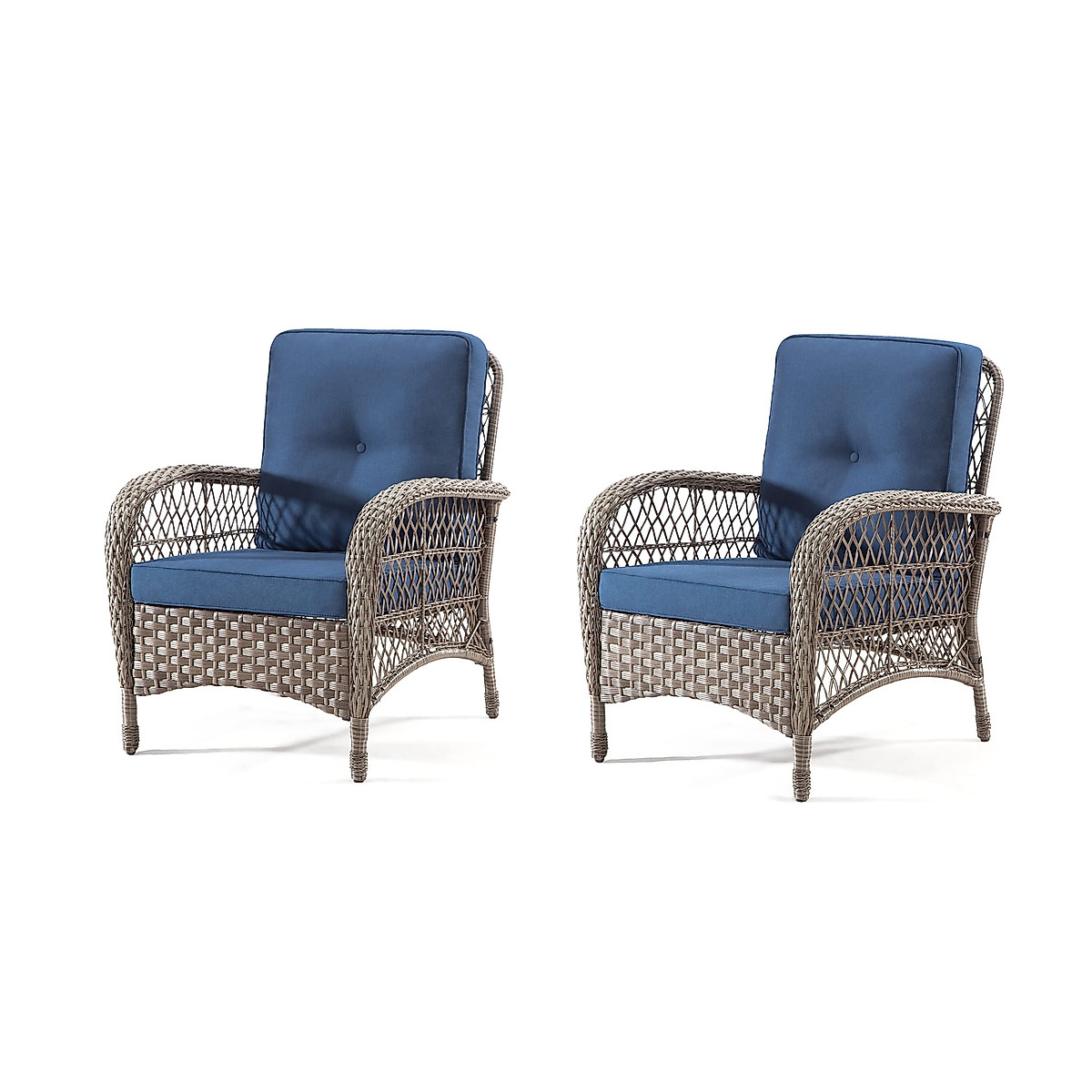 MeetLeisure Wicker Patio Chairs Set of 2 - Outdoor Rattan Chairs with Handmade PE Wicker & Olefin Fabric Cushions, Patio Rattan Chairs, Cushions Included(Mixed Grey/Blue)