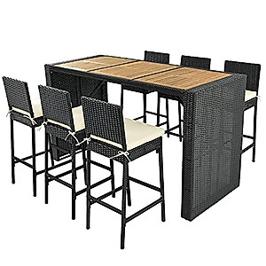 Outdoor Patio 7-Piece Rattan Dining Table Set, PE Wicker Bar Furniture Set with Wood Tabletop and 6 Dining Chairs for Backyard, Garden(Black2-7PCS)