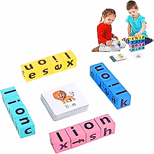 Crossword Puzzle, Matching Letter Game, Premium Wooden Alphabet Flash Cards Matching Sight Words ABC Letters, Wooden Blocks Spelling Game,Wooden Fun Spelling Words with Cards,for Ages 3-5 Kids (1 Set)