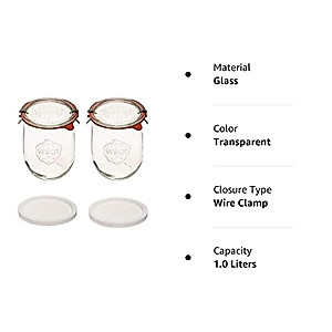 Weck Jars - 1 Liter - Large Sour Dough Starter Jars - Tulip Jar with Wide Mouth - Suitable for Canning and Storage - 2 Sourdough Jars with (Jars, Glass Lids & Keep Fresh Covers)