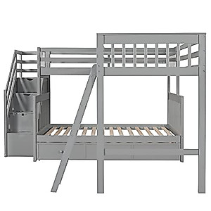 BOVZA Twin Over Full L-Shaped Bunk Bed Corner Loft Bunk Beds with Storage Drawers, Angled Ladder and Stairs, Wood Triple Bunk Bed for 3 Kids Teens Adults, Gray