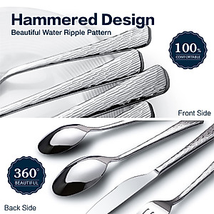 KINGSTONE Hammered Silverware Set, Flatware Set, 18/10 Stainless Steel Premium Cutlery with Unique Ripple Handles Design Mirror Polished - Dishwasher Safe (20-Piece)