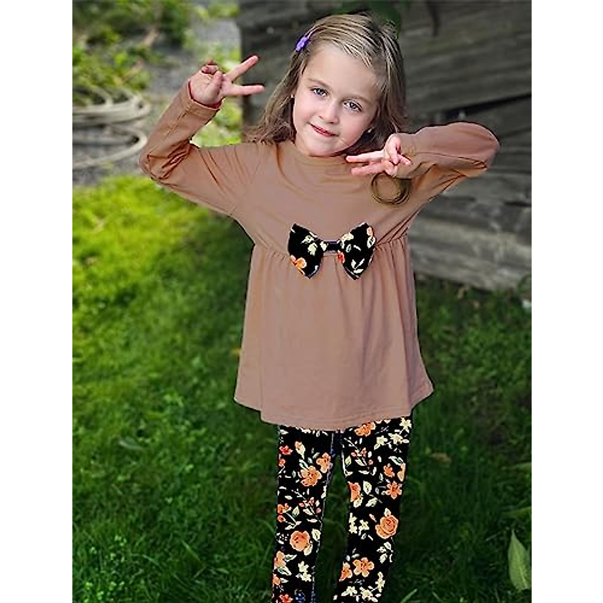 Yekaty Little Girls Clothing Set Kids Soft Crewneck Long Sleeve Outfits With Bowknot Khaki Tops+Floral Loose Pants Sets