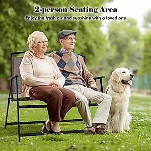 Tangkula Folding Outdoor Garden Bench, 2-Person Patio Bench with Backrest and Armrests, Outdoor Portable Folding Loveseat for Front Porch, Backyard (Brown)