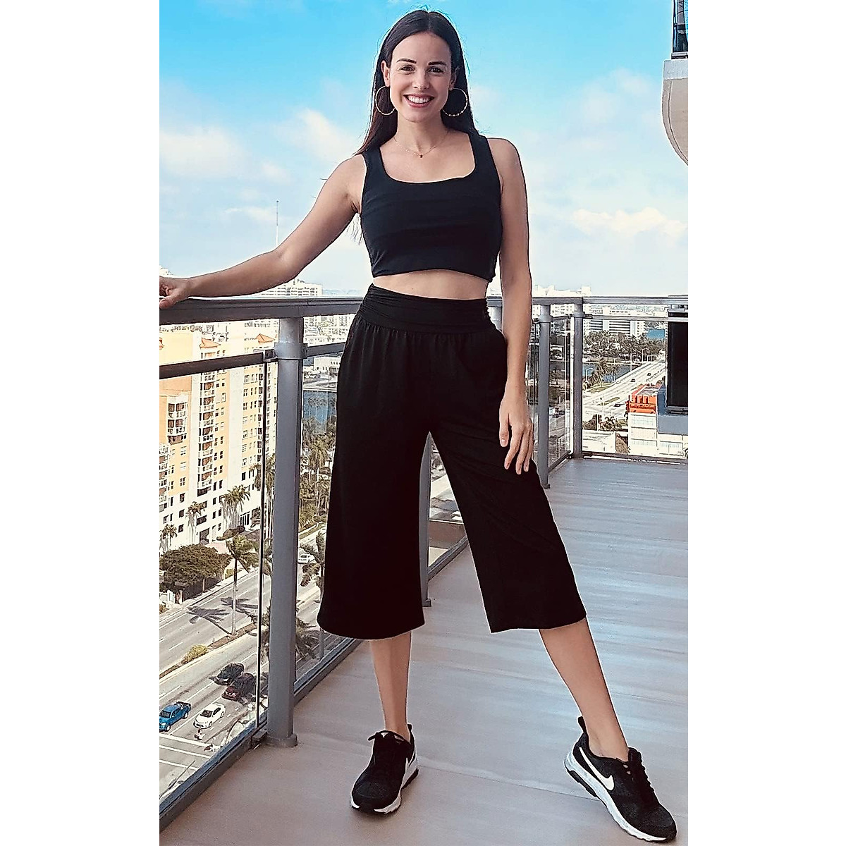 TARSE Women's High Pleated Waisted Capri Pants Casual Wide Leg Grey Yoga Pants Loose Soft Pajamas with Pockets Sweatpants Light Gray 2XL XXL