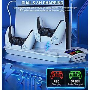 PS5 Slim Stand and Cooling Station with Controller Charging Station for Playsation 5 Slim/PS5 Disc Digital Console, PS5 Accessories Incl. 3 Levels Cooling Fan, 13 Game Slots, 3 USB HUB, Headset Holder