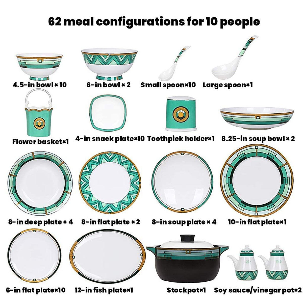 Tabletop Dinner SetsHome Tableware Set Ceramics Dinner Sets, Plate/Bowl/Soup Pot | 62 Pieces Upscale Bone China Dinnerware Set - Green Pattern Porcelain Combination Set for Restaurant