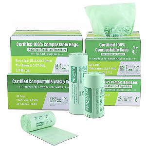 Primode Compostable Bags 13 Gallon, Tall Kitchen Trash Bags, 100 Count, Extra Thick 0.87 Mil. ASTMD6400 Food Scrap Yard Waste Compost Bags, Certified by BPI and TÜV AUSTRIA