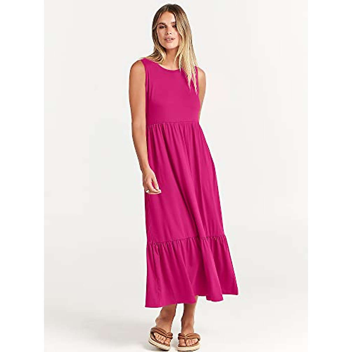 ANRABESS Women's Summer Casual Sleeveless Crewneck Swing Sundress Fit & Flare Flowy Tiered Maxi Dress with Pockets 499shenmeihong-XL Rose