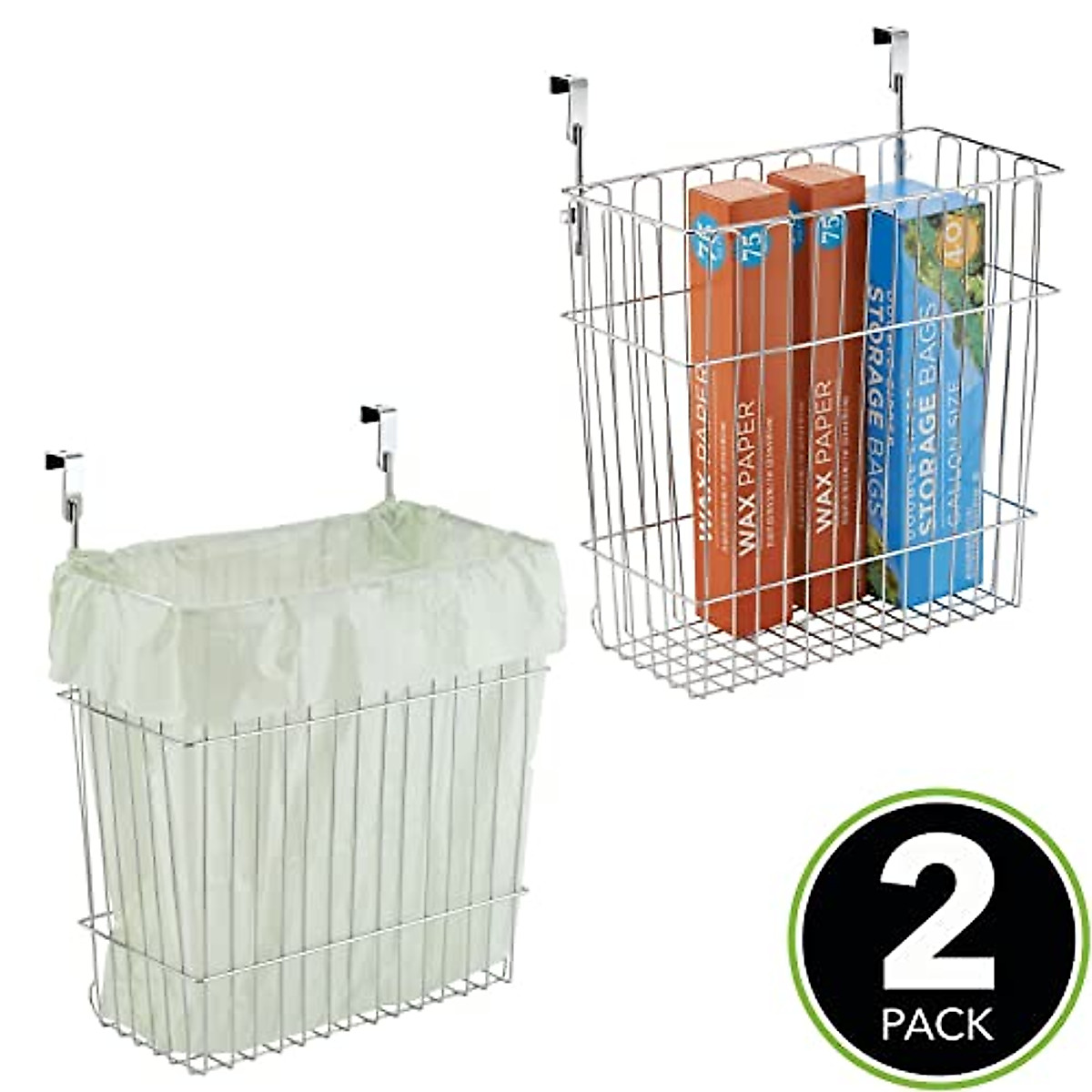 mDesign Steel Metal Wire Hanging Over Door Kitchen Storage Organizer Basket/Trash Can - Hangs Over Cabinet Doors for Bags, Tin Foil, Wax Paper, Saran Wrap - Concerto Collection - 2 Pack - Chrome