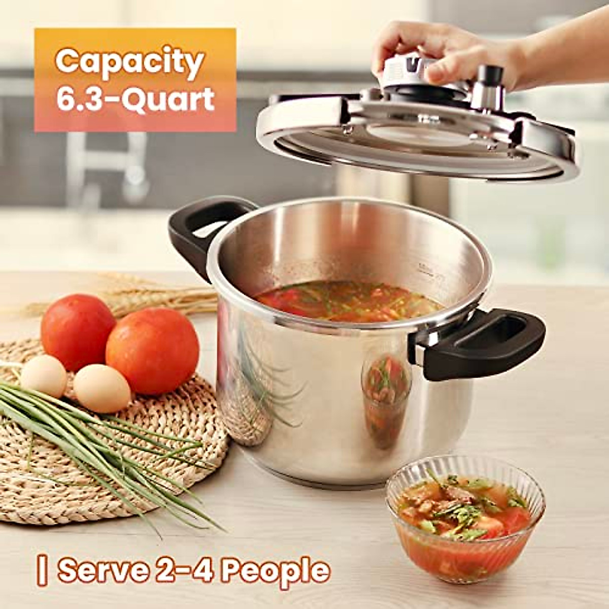 WEHOME Pressure Cooker，6.3-Quart Kitchen Pressure Cooker，Suitable for Induction and Stove-top，304 Stainless Steel Cookware with Easy Opening&Closing Lid，Triple Safety Valve Design (6.3-Quart)