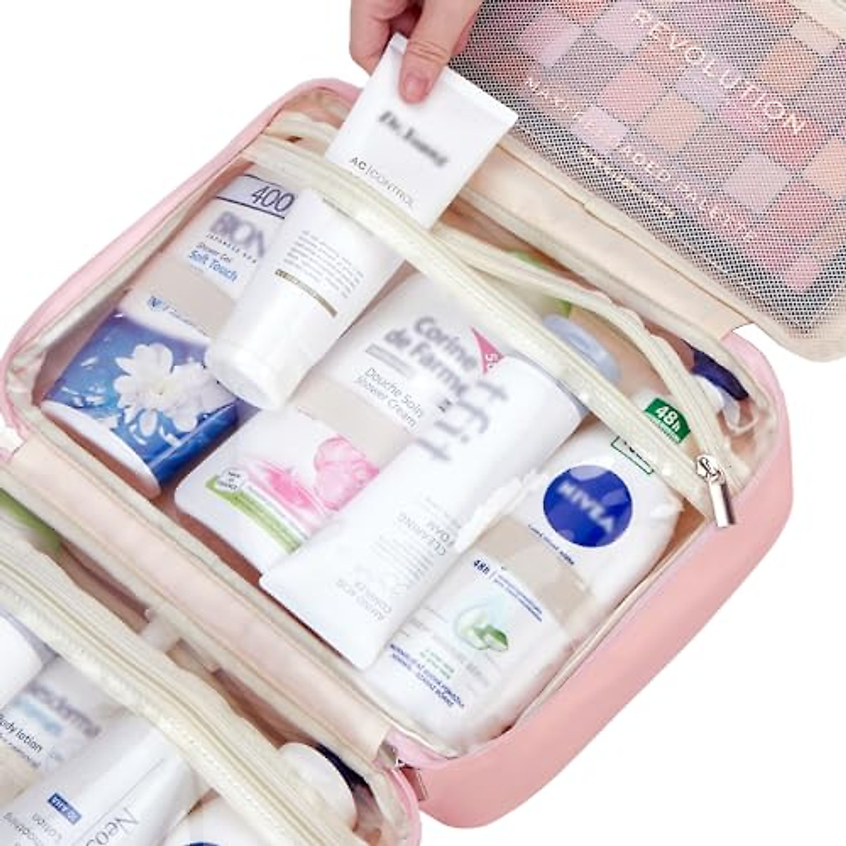 FINDCOZY Extra Large Toiletry Bag with Hanging Hook, Travel Makeup Case for Women, Cosmetic Organizer for Toiletries, Full-Sized Bottles, Beauty, Pink