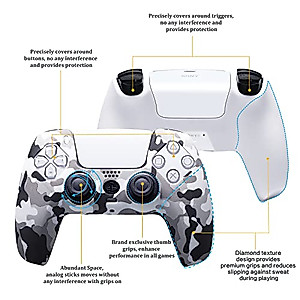 YoRHa Studded Printing Silicone Cover Skin Case for PS5 Dualsense Controller x 1(White) with Pro Thumb Grips x 10