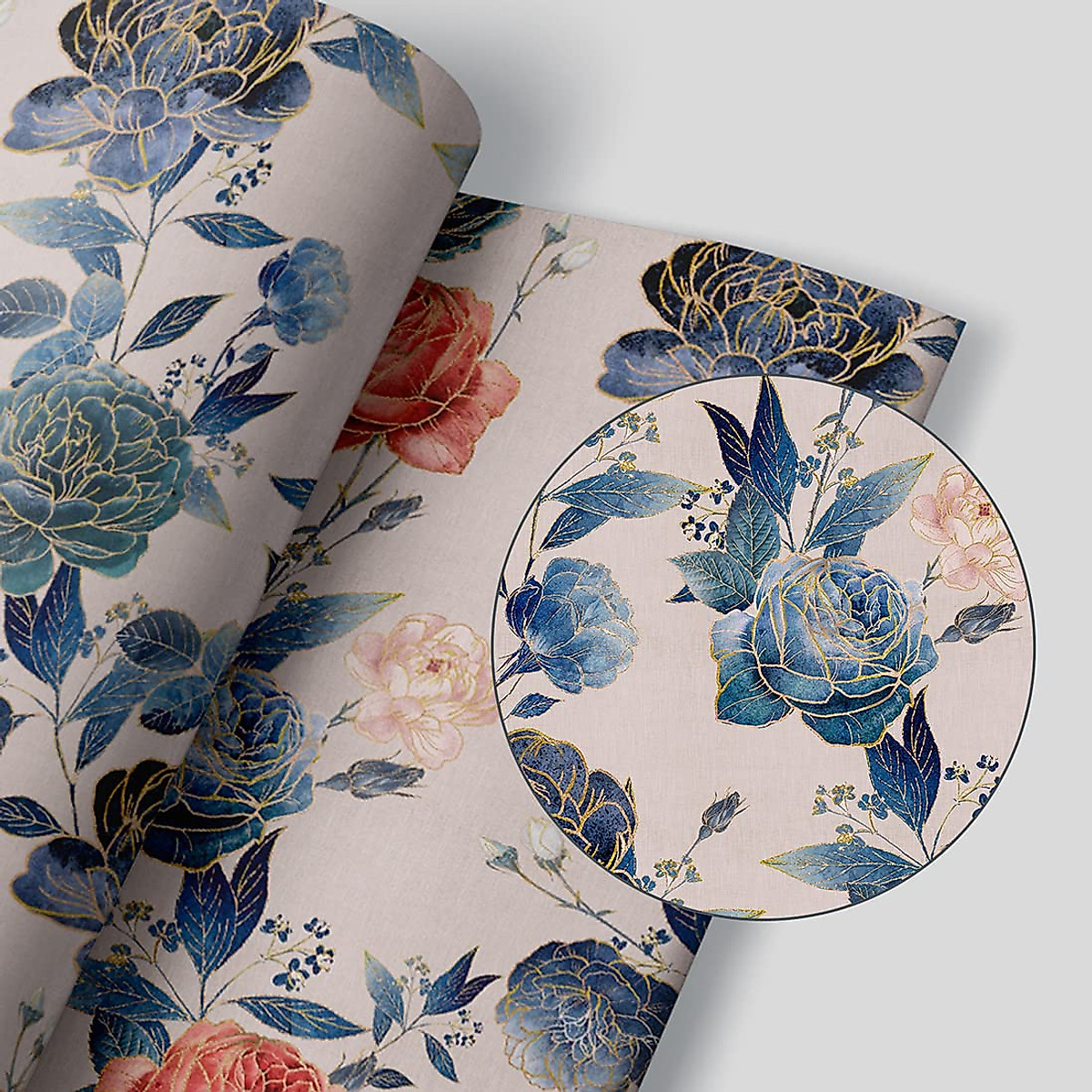 Self Adhesive Blue Floral Drawer Liner Contact Paper Peel and Stick Rose Floral Wallpaper for Girls Shelves Cabinets Dresser Table Furniture Walls Decal 17.7X117 Inches