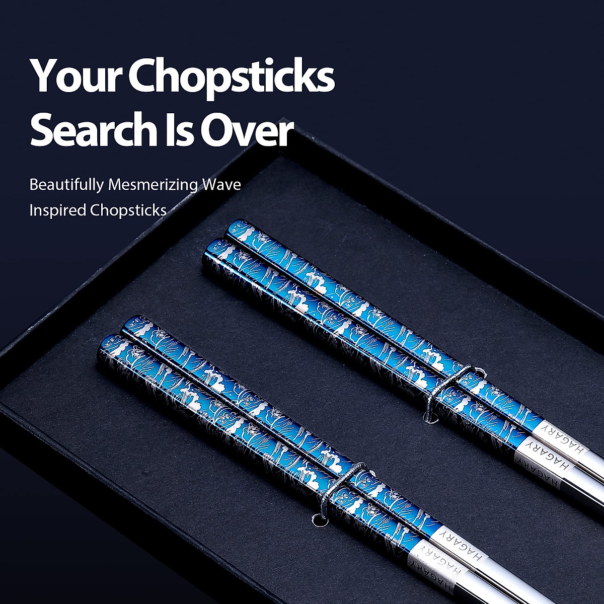 Hagary Blue Wave Chopsticks 2 Pairs Metal Chopsticks Reusable Designed In Korea Japanese Style Stainless Steel 316 18/10 Non-Slip Dishwasher Safe