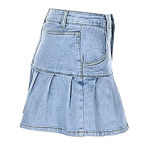 Dqbeng Womens Jean Skirt Y2K High Waist A-Line Ruffle Pleated Denim Mini Skirt (LightBlue-S)