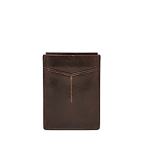 Fossil Men's Derrick Leather RFID-Blocking Magnetic Card Case with Money Clip Wallet, Dark Brown, (Model: ML3812201)