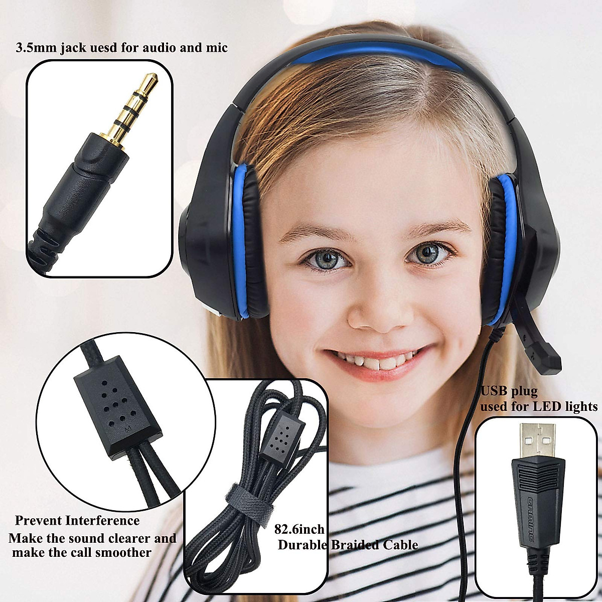 SVYHUOK Wired Gaming Headset for PS4, Over-Ear PC Headphones As Gifts for Kids Teens, Gamer Headset with Mic LED Light 3D Bass Surround Sound, Memory Foam Earpad for Mac, Laptop, Mobile (Black Blue)