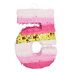 BLUE PANDA Number 5 Pinata, Pink and Gold Foil for Girls 5th Birthday Party Decorations (Small, 16.5 x 11.6 x 3 In)