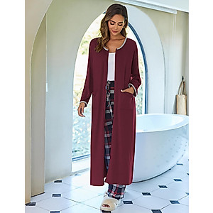 Ekouaer Women Long House Coat Zipper Front Robes Full Length Nightgowns with Pockets Striped Loungewear(Wine Red,X-Large)