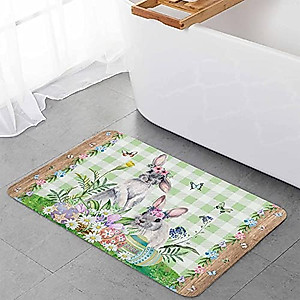 Greday Plaid Green 2 PCS Cushioned Anti-Fatigue Kitchen Mats and Rugs,Spring Holiday Colored Eggs Easter Egg Bunny Daisy Floral Absorbent 18inchx 30inch+ 18inchx 48inch