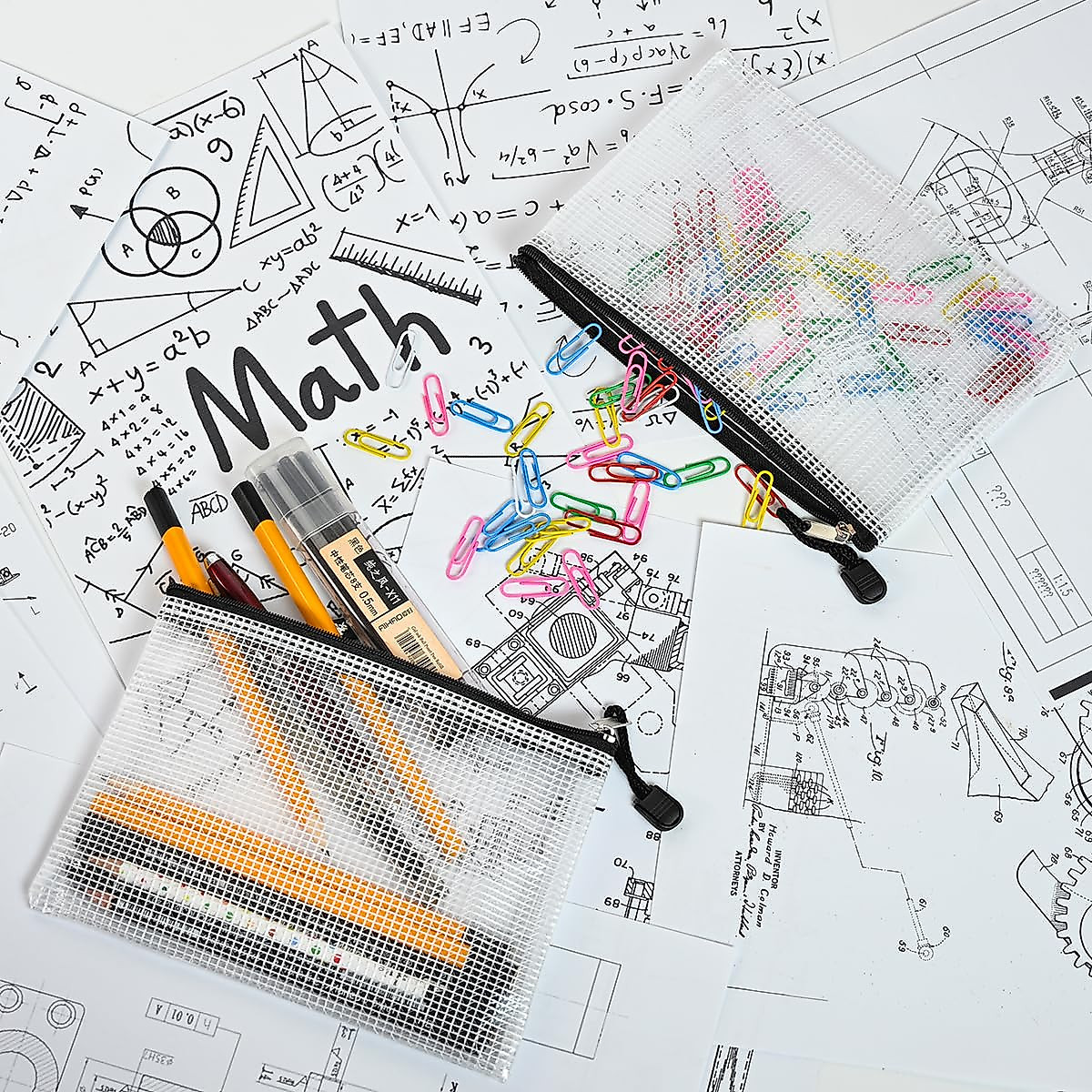 AUSTARK 10 Pcs Zipper File Bags, Waterproof Plastic Mesh Pouch for Office School, Board Game Storage Bags (B6 Size 7.6''x5.3'', White and Black)