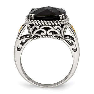 925 Sterling Silver and 14k Yellow Gold Onyx Ring Fine Jewelry For Women Gifts For Her, Size 7