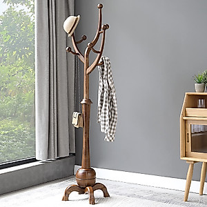 Coat Rack Freestanding Wood Coat Tree Rack with 8 Hooks, Creative Design Tree Branch-look, Standing Coat Rack Clothes Hanger Stand with Stury Base for Entryway, Hallway, Bedroom - Load 160lb (Walnut)