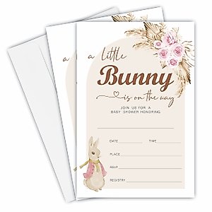 JCVUK Baby Shower Invites,Boho Bunny Theme Baby Shower Invitation Cards With Envelopes(25 Pack), Bunny Baby Shower Decorations And Supplies For Boys Girls(YQK-B04)