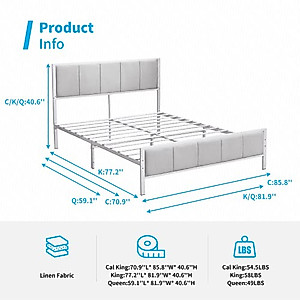 Mjkone California King Size Bed Frame, Linen Upholstered Platform Bed Bedroom, Bed Frame with Channel Tufted Headboard, No Box Spring Needed Light Gray