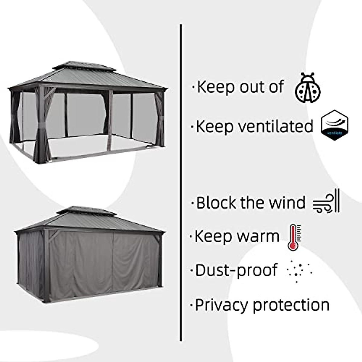 PURPLE LEAF 12' X 14' Hardtop Gazebo Aluminum Permanent Outdoor Gazebo with Galvanized Steel Double Roof for Patio Backyard Curtains and Netting Included Grey