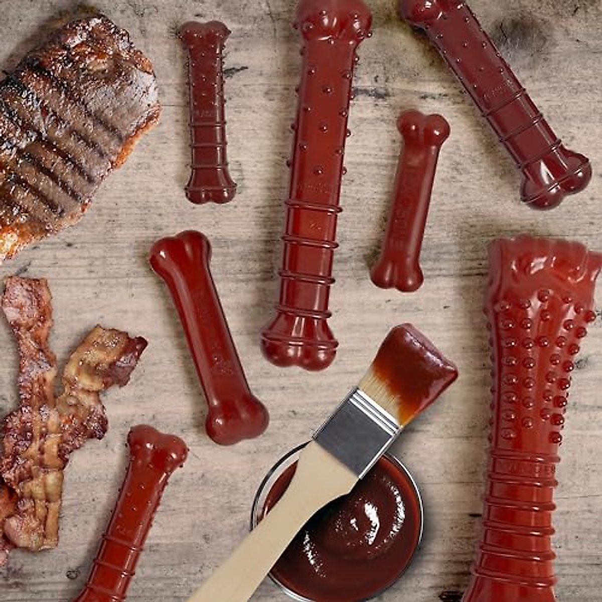 Nylabone Basted Blast Original & Textured Bone Power Chew Toy for Dogs, Dog Toys for Aggressive Chewers, Bacon and Steak Flavor, X-Small - Up to 15 lbs, 2 Pack